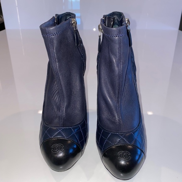 Shoes | Chanel Navy Blue Stretch Leather Quilted Booties Size 7 | Poshmark